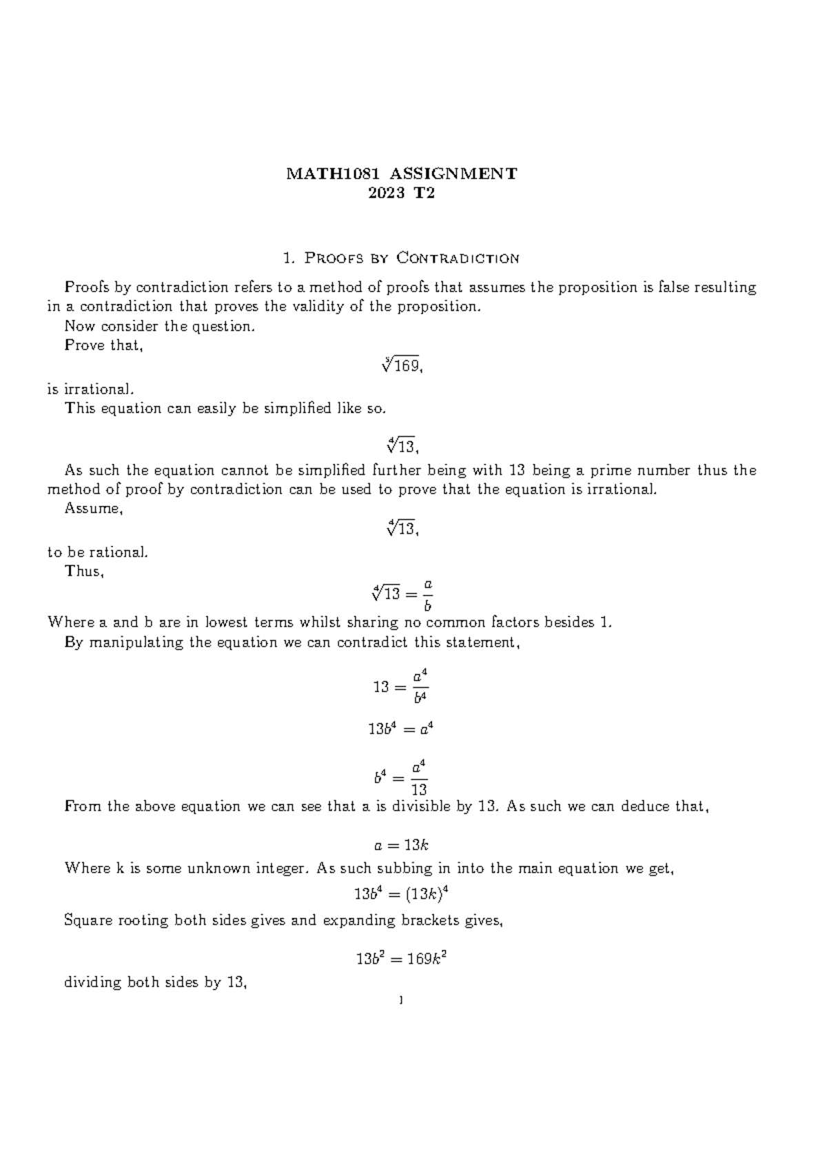 1081 Math Assignment - MATH1081 ASSIGNMENT 2023 T Proofs by Contradiction Proofs by ...