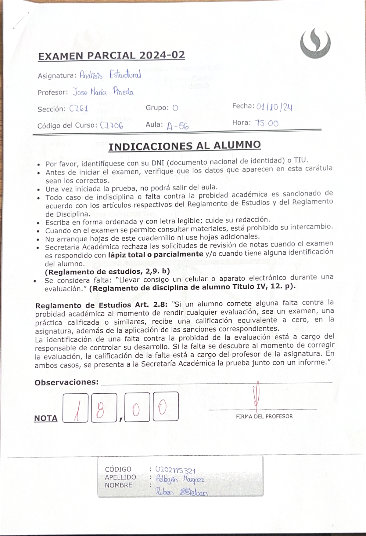 Examen Parcial 2024-02 Analisis Estructural - EXAMEN PARCIAL Asignatura: Analisis Estructural ...