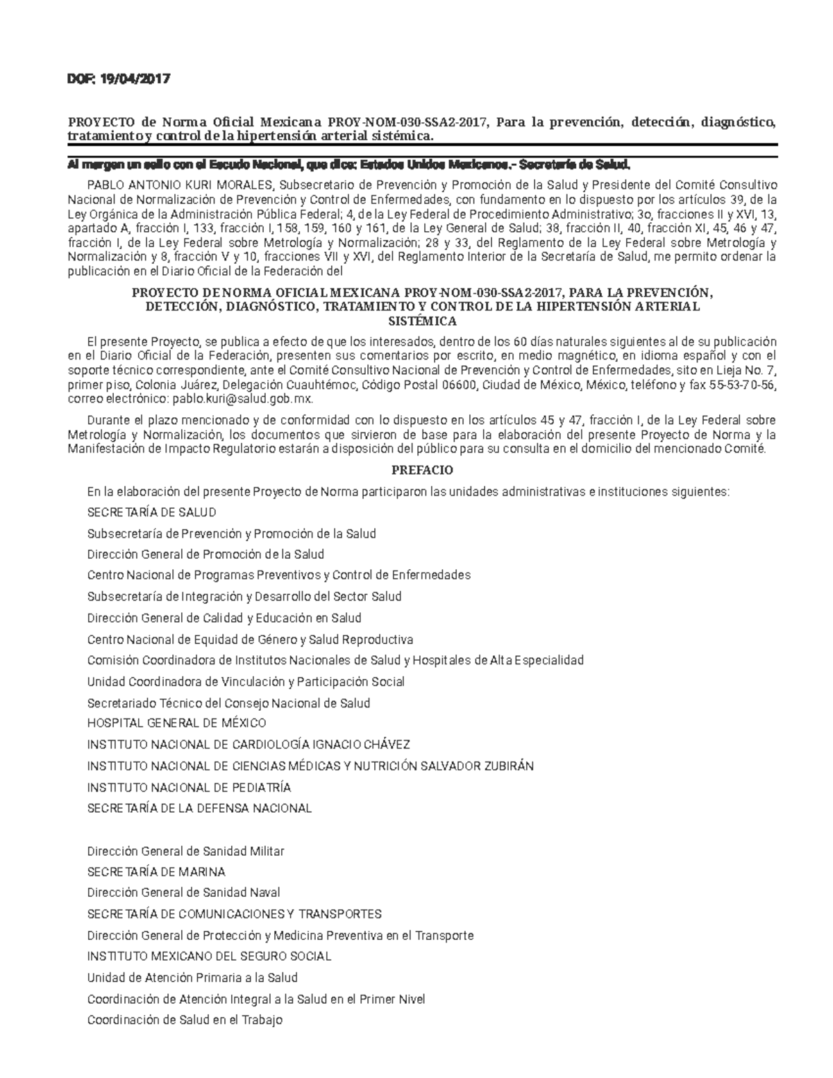 NOM-030-SSA2-2017 , Para la prevención, detección, diagnóstico ...