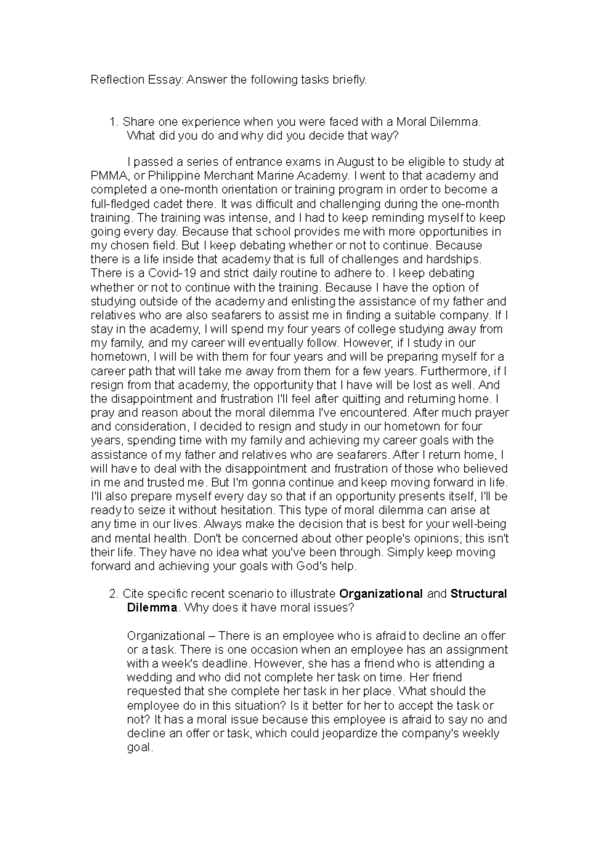 Reflection Essay Moral Dilemma - Reflection Essay: Answer the following ...