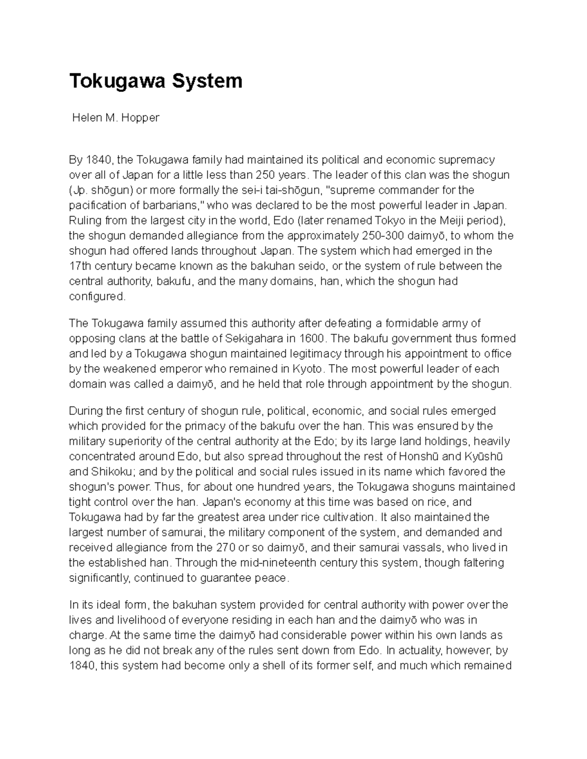 Tokugawa system - .... - Tokugawa System Helen M. Hopper By 1840, the ...