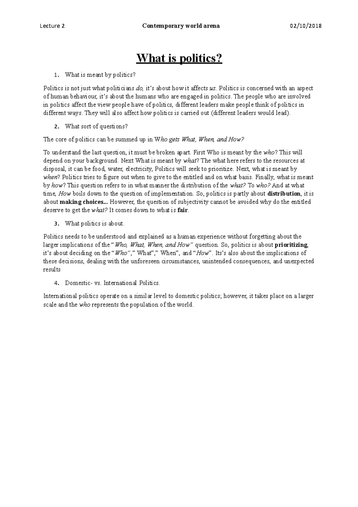 What is politics? - Lecture 2 Contemporary world arena 02/10/ What is ...