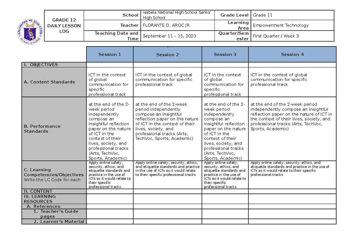 Empowerement of Technologies 1st Quarter 3rd Week - GRADE 12 DAILY ...