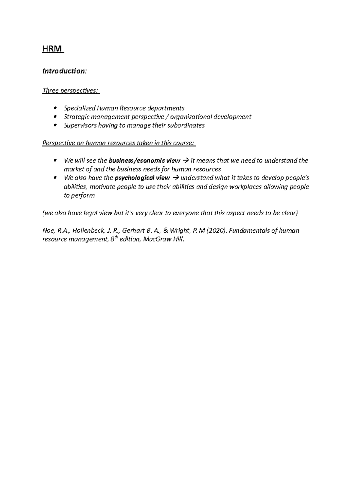 HRM note - résumé RH - HRM Introduction: Three perspectives ...