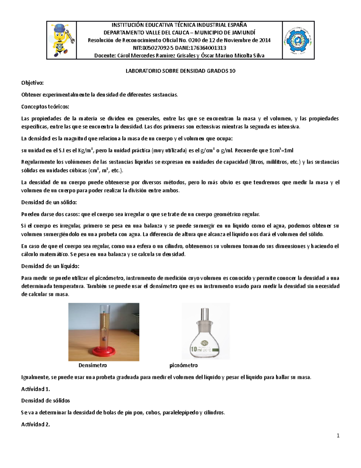 Laboratorio Sobre Densidad InstituciÓn Educativa TÉcnica Industrial