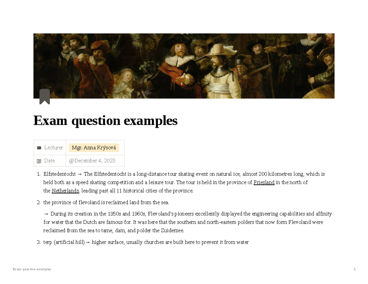 Dutch Culture Exam Question Examples - Exam question examples 1 Exam ...