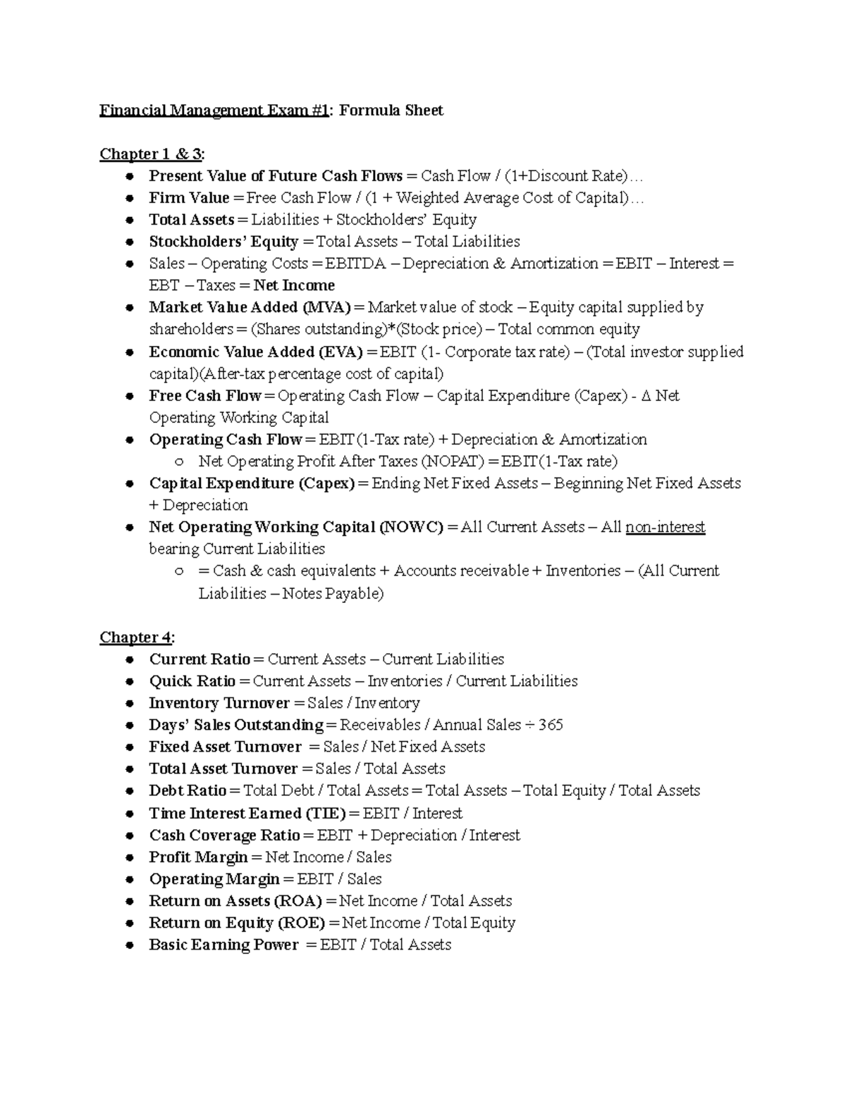 Financial Management Exam #1 Formula Sheet - .. Firm Value = Free Cash ...