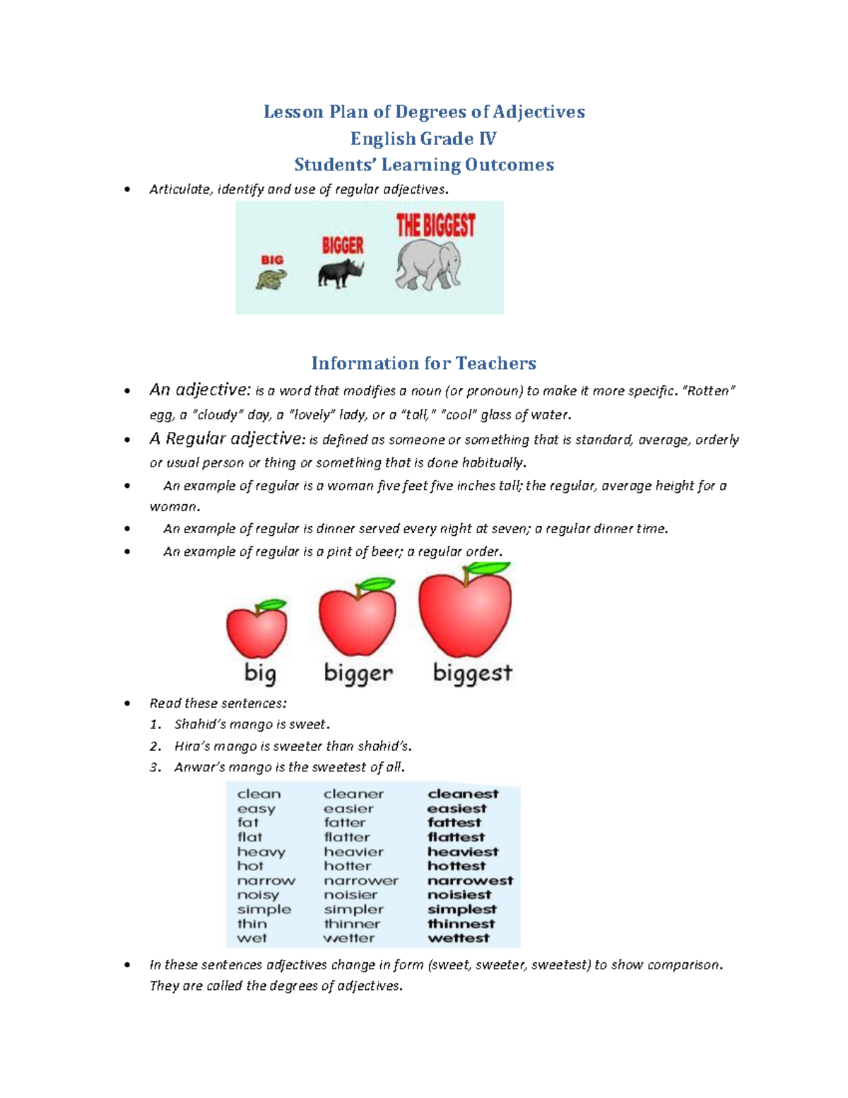 Toaz - Lesson Plan of Degrees of Adjectives English Grade IV Students ...