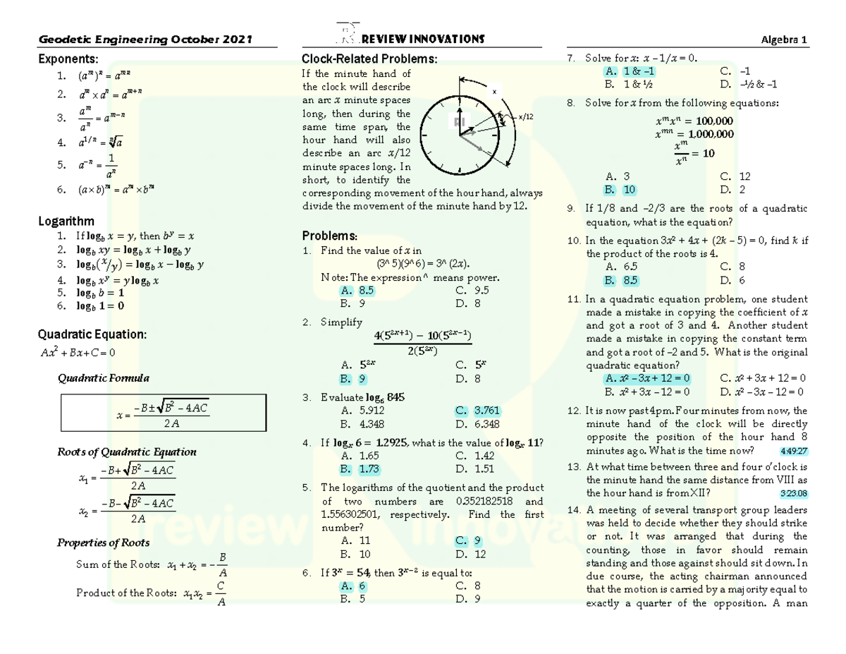 College Algebra Notes with Questions (1) - Geodetic Engineering October ...
