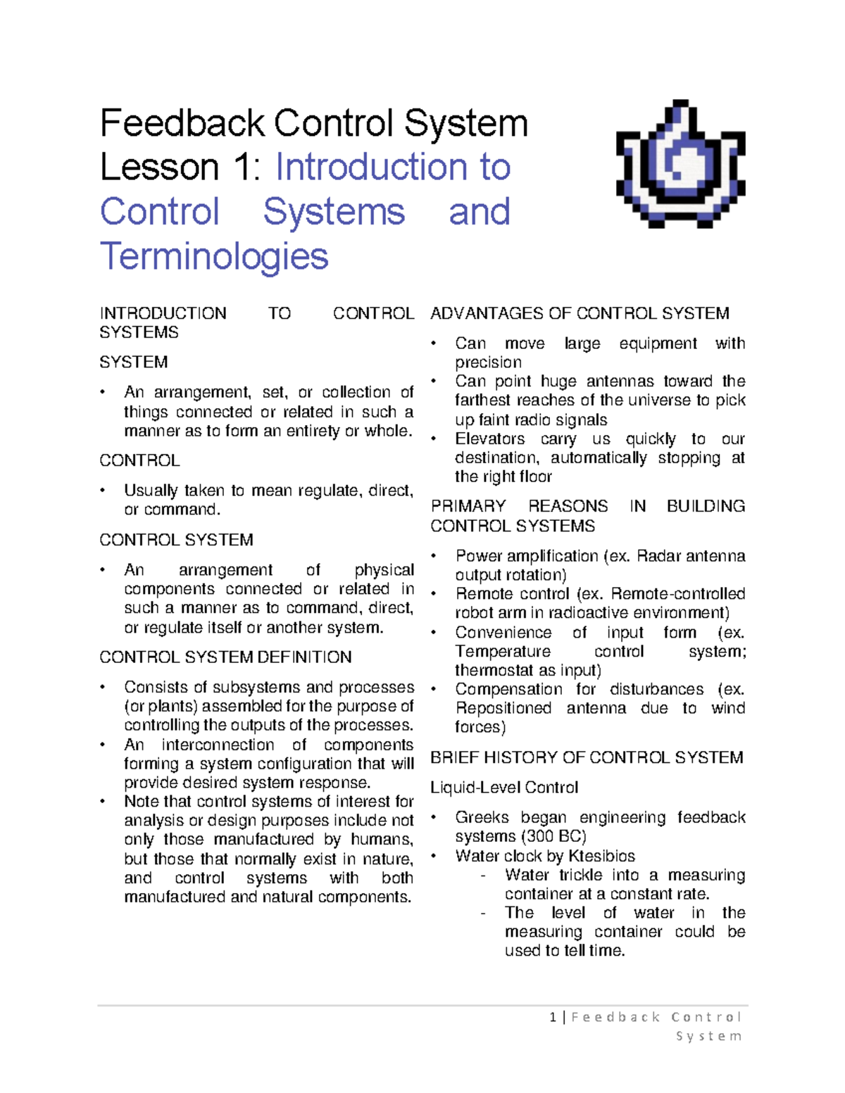 Feedback-Lesson-1 - 1 | F e e d b a c k C o n t r o l Feedback Control ...