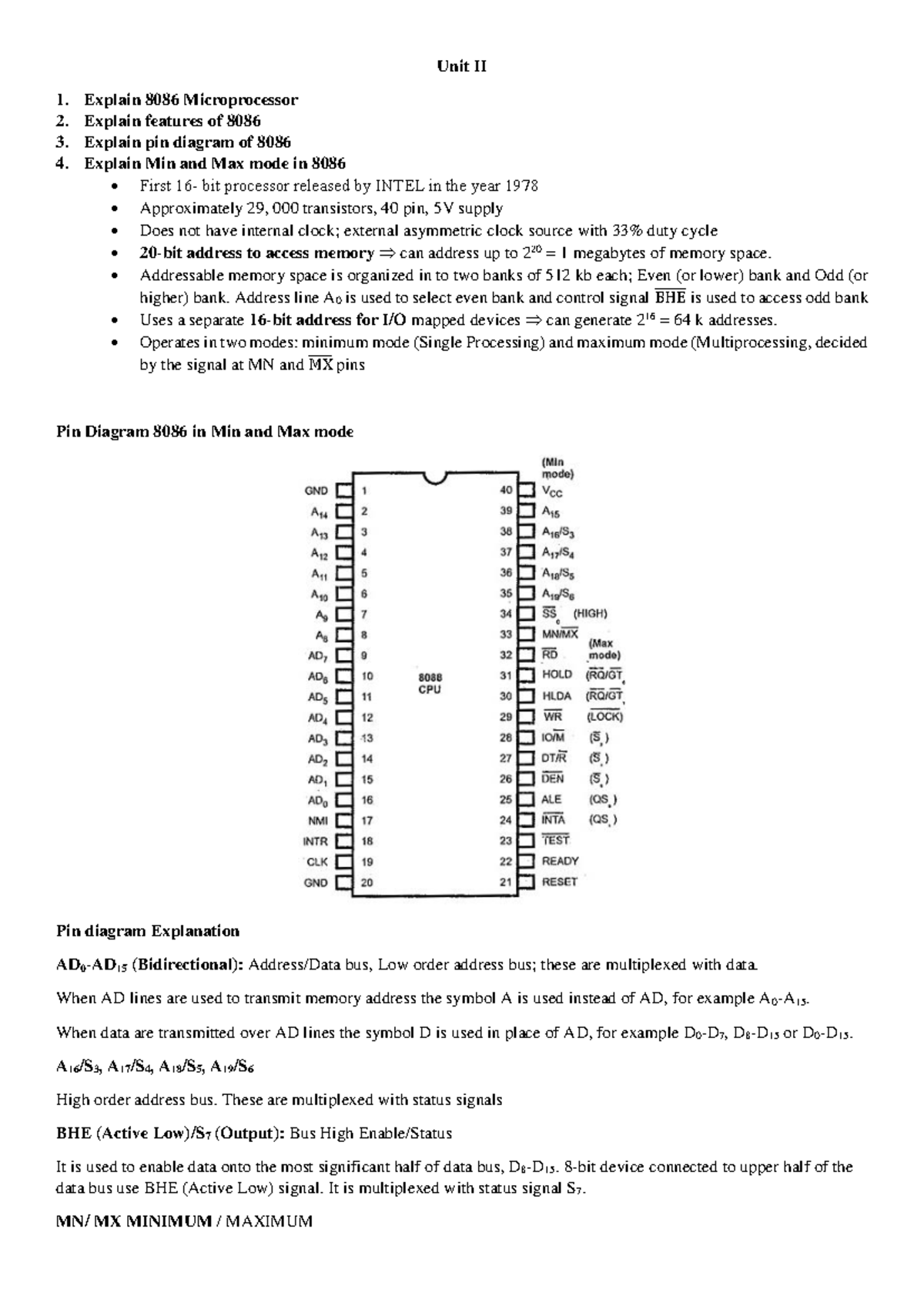 Unit 2 - Unit II Explain 8086 Microprocessor Explain features of 8086 ...