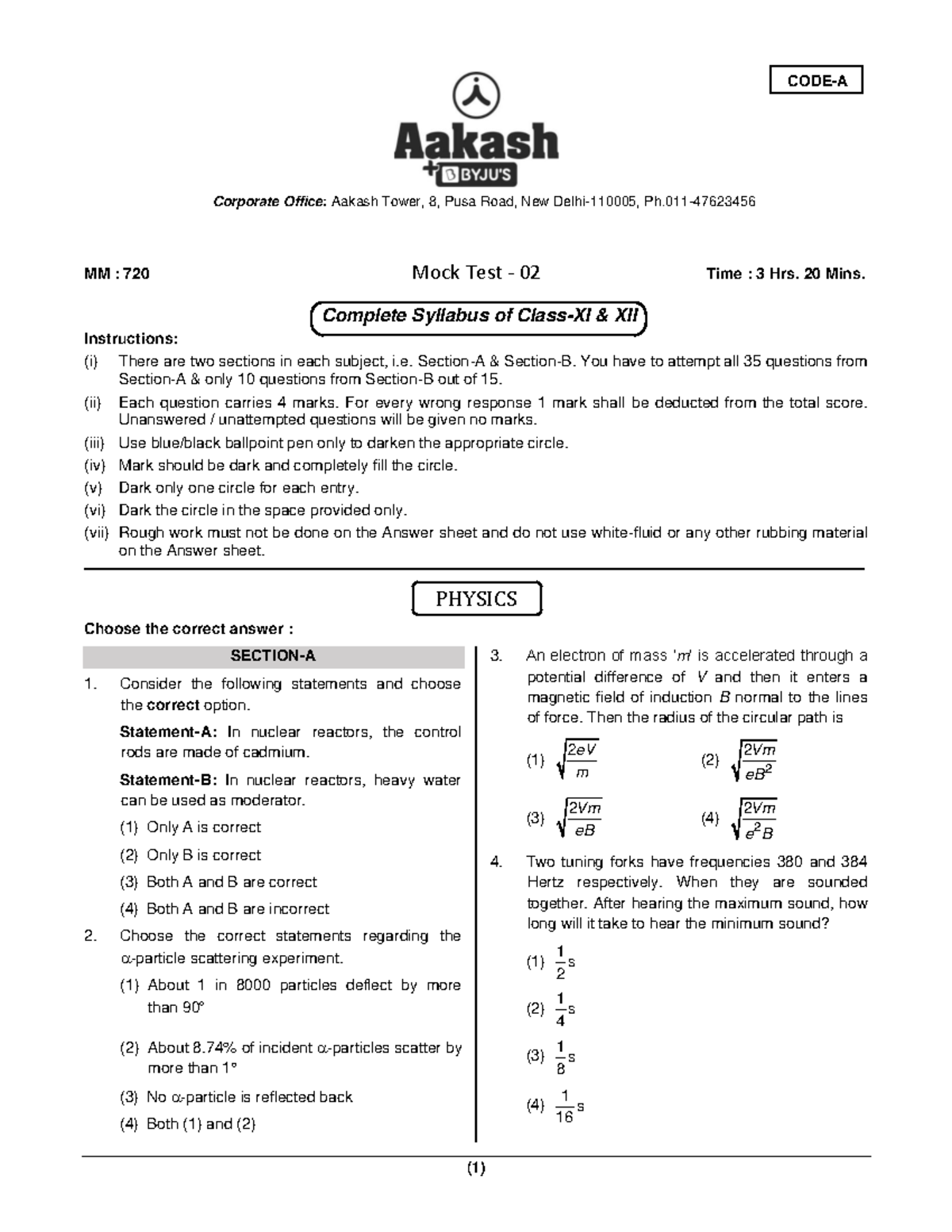 Mock Test-02 0 - tests - 00/00/2022 CODE-A Corporate Office: Aakash ...
