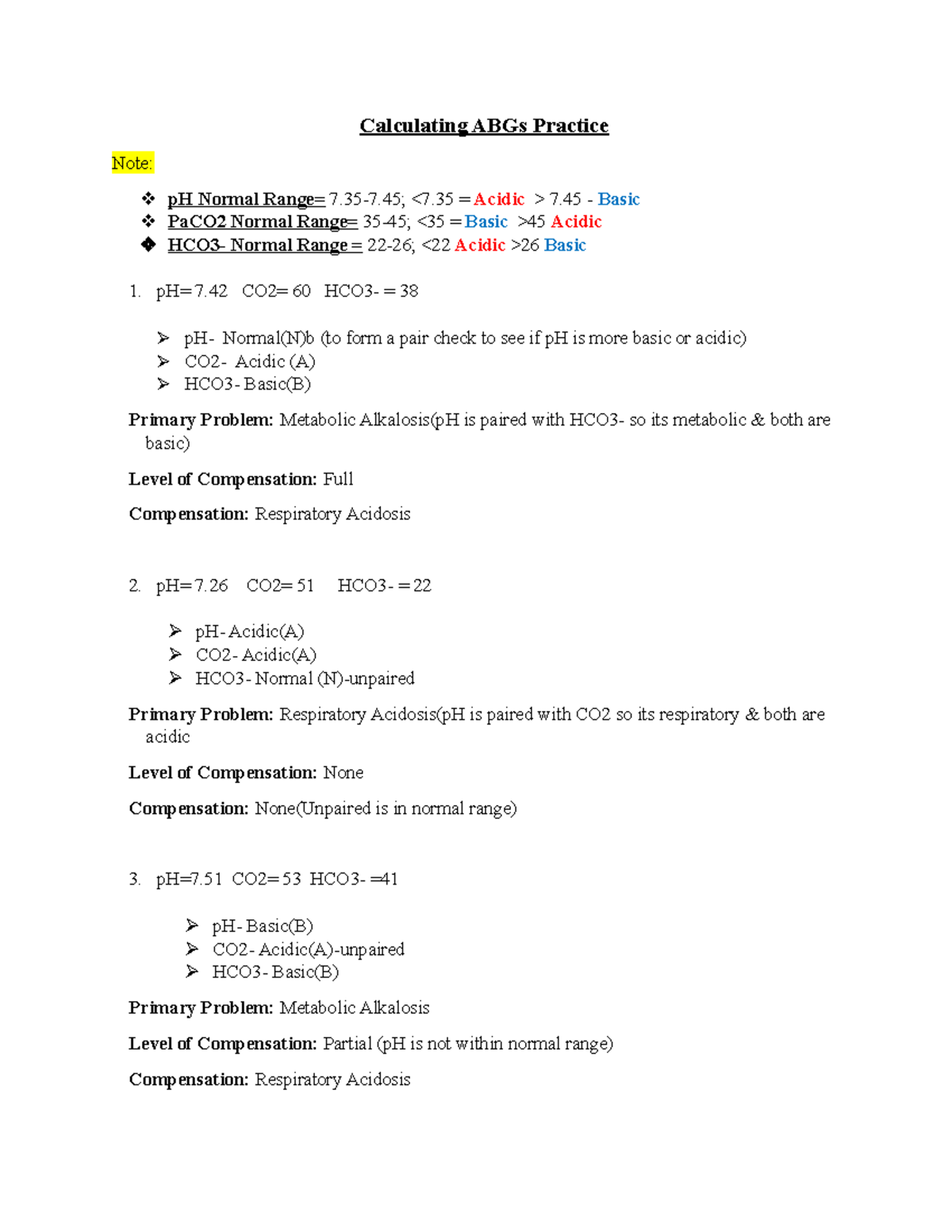Calculating ABGs Practice - Calculating ABGs Practice Note: pH Normal ...