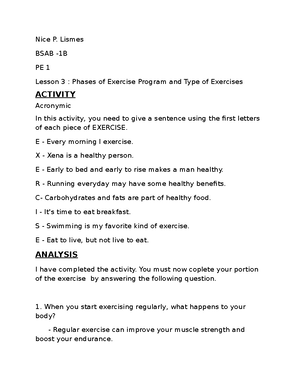 PE1 -Proper Nutritin for Exercise - Nice P. Lismes BSAB 1B PE1- Lesson ...