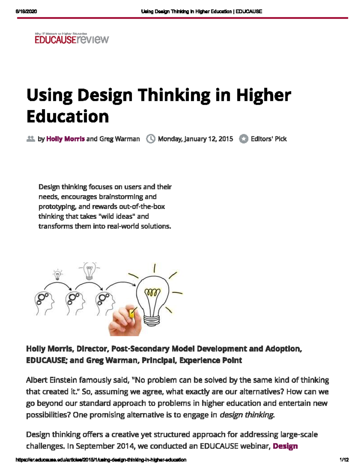 Using Design Thinking in Higher Education - om Holly Morris, Director ...