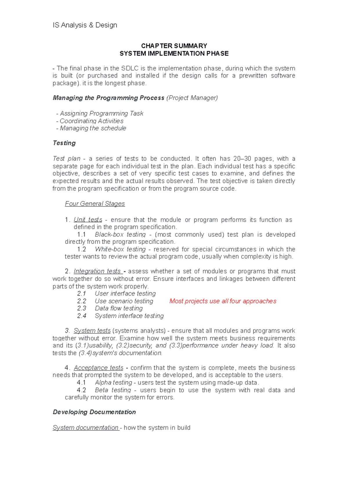Implementation Chapter Summary - IS Analysis & Design CHAPTER SUMMARY SYSTEM IMPLEMENTATION ...