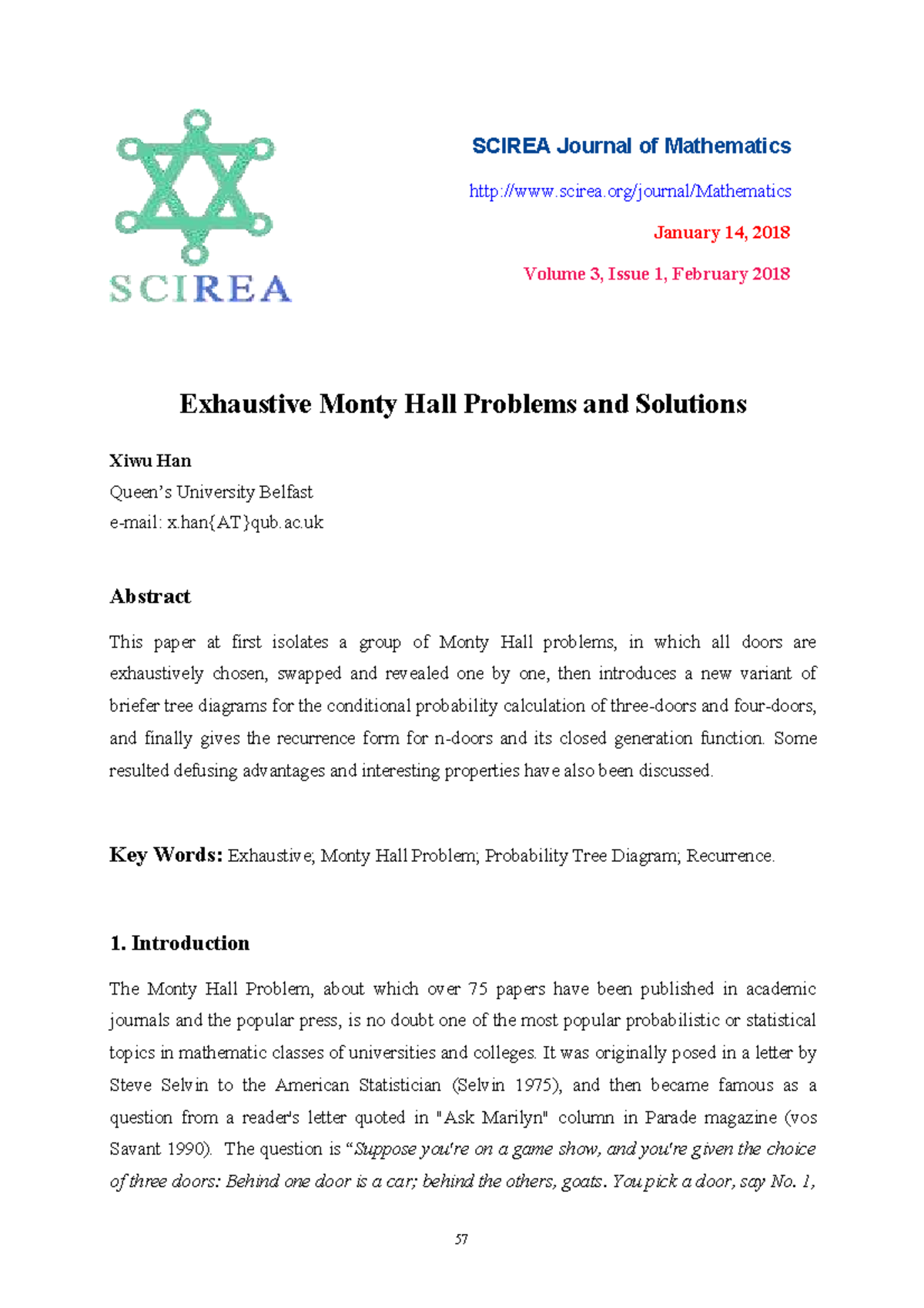 Exhaustive Monty Hall Problems And Solut Exhaustive Monty Hall Problems And Solutions Xiwu Han
