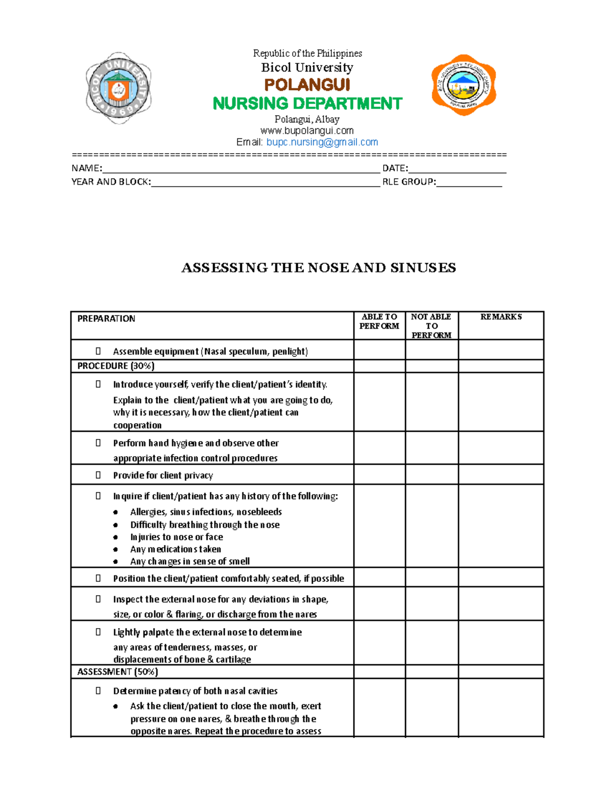 Assessing the nose sinus mouth and oropharynx final - Republic of the ...