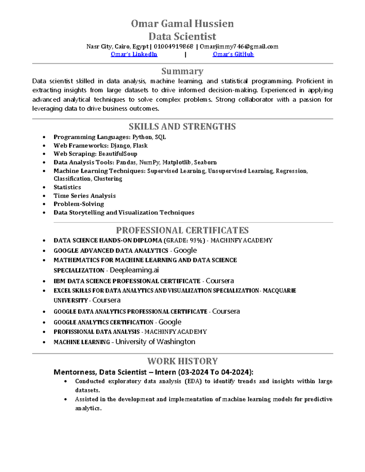 Resume - Omar Gamal Hussien Data Scientist Nasr City, Cairo, Egypt | 01004919868 | - Studocu