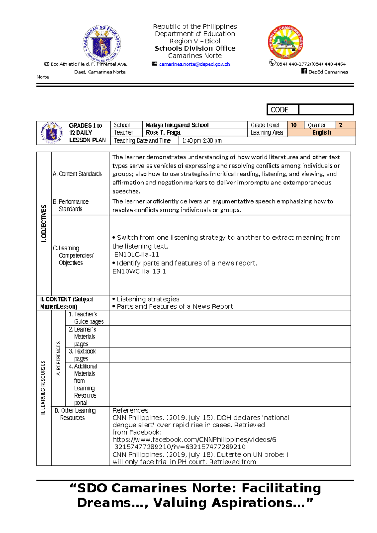 G10 - g10 sample dlp - Department of Education Region V – Bicol Schools ...