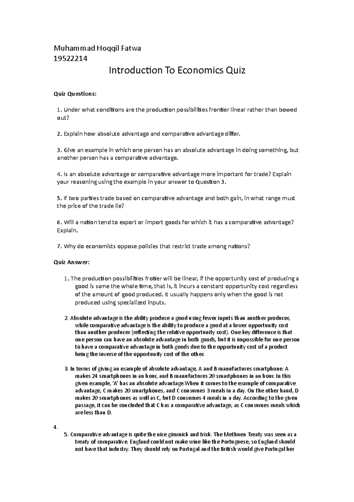 Introduction To Economic Quiz - Muhammad Hoqqil Fatwa 19522214 ...