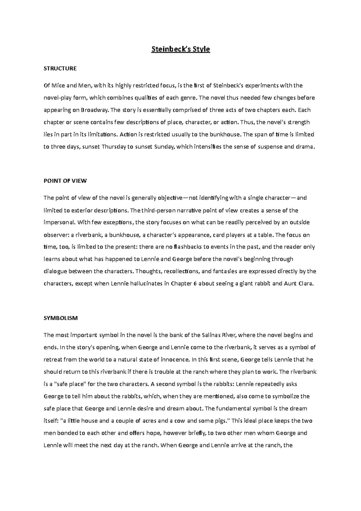 Steinbeck's style - Steinbeck’s Style STRUCTURE Of Mice and Men, with ...
