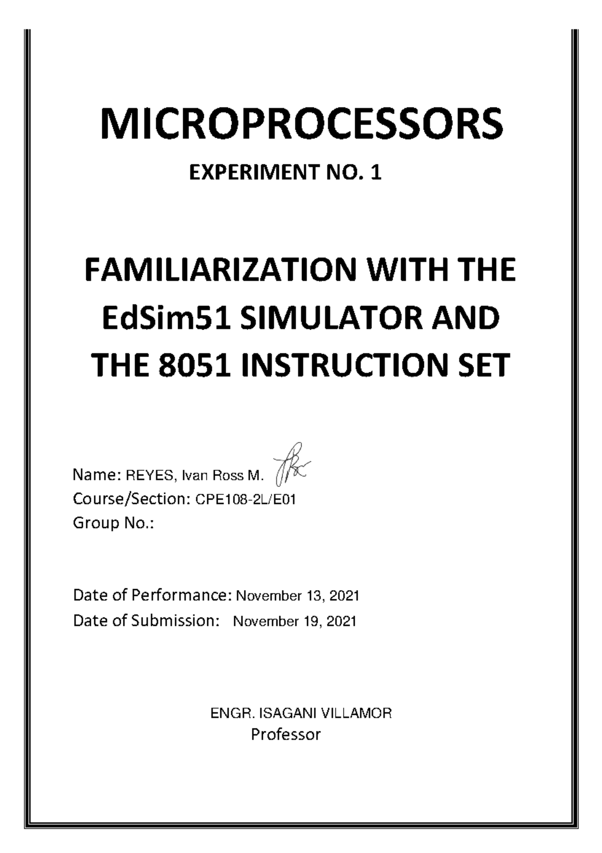 Laboratory Report 1 - FAMILIARIZATION WITH THE EdSim51 SIMULATOR ...