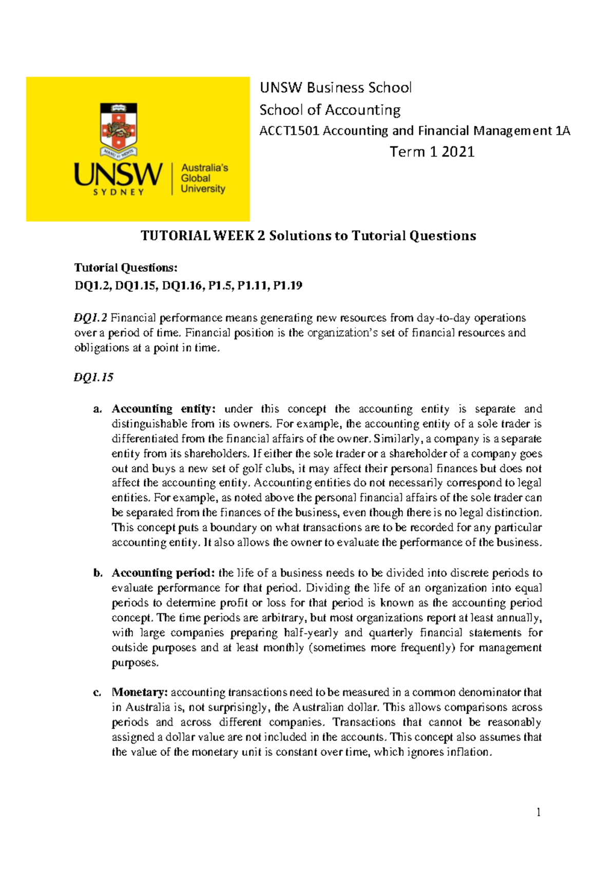 2021T1 TQ Ans Wk2 - ACCT1501 Week 2 homework answers - 1 UNSW Business ...