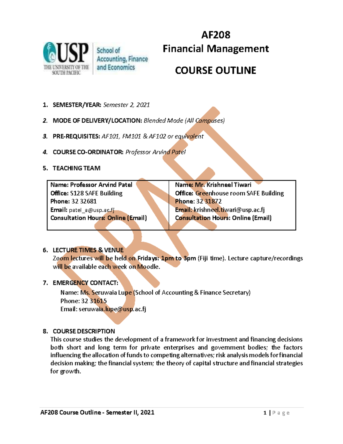 Af201 Course Outline Semester 2 Draft 2021 - AF 208 Financial ...