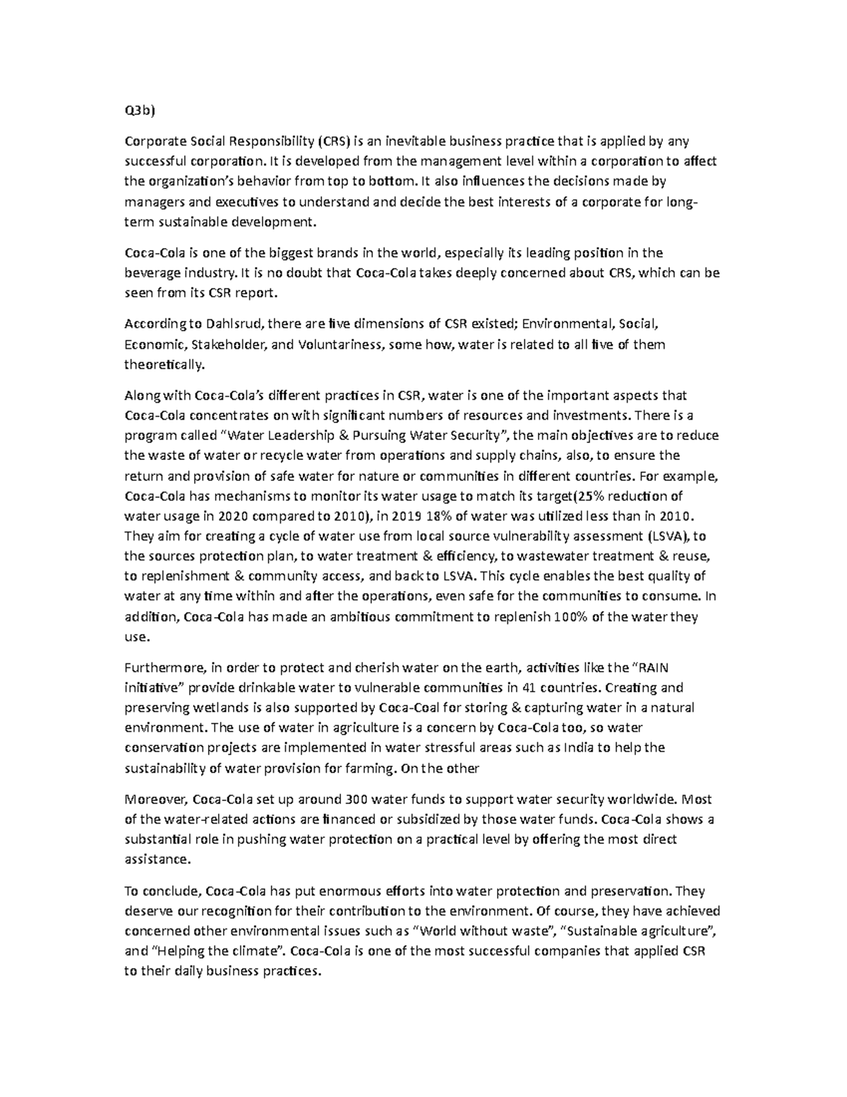 Assignment 1 - assignemnt - Q3b) Corporate Social Responsibility (CRS ...