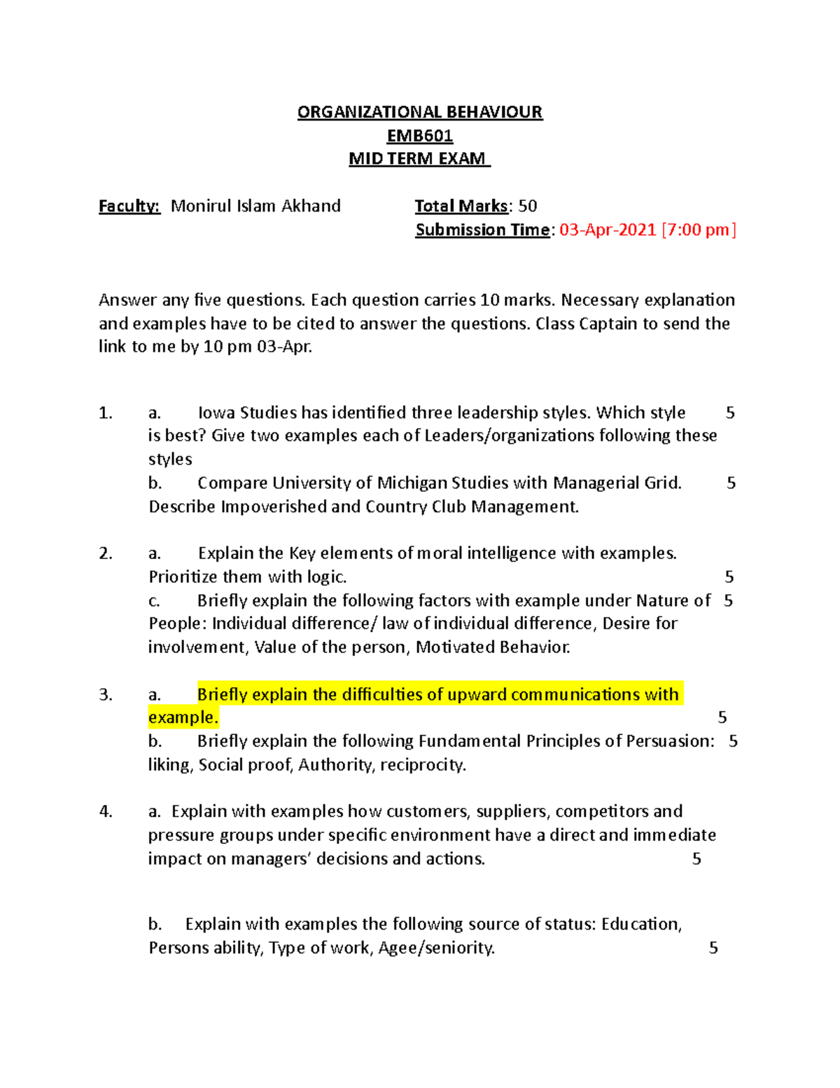 02 Apr Midterm Assignment NSU Apr-2021 - ORGANIZATIONAL BEHAVIOUR EMB ...