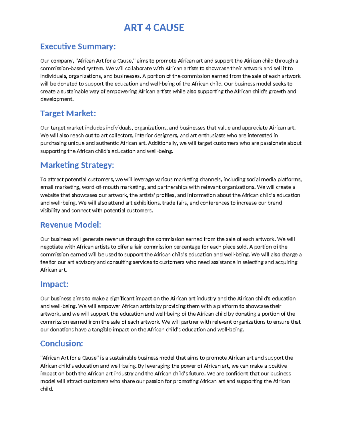 ART 4 Cause Business Proposal - ART 4 CAUSE Executive Summary: Our ...