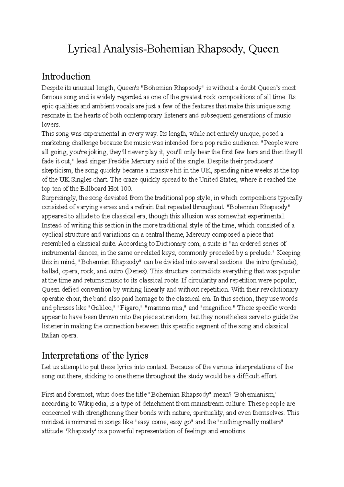 Lyrical Analysis Bohemian Rhapsody - Lyrical Analysis-Bohemian Rhapsody ...