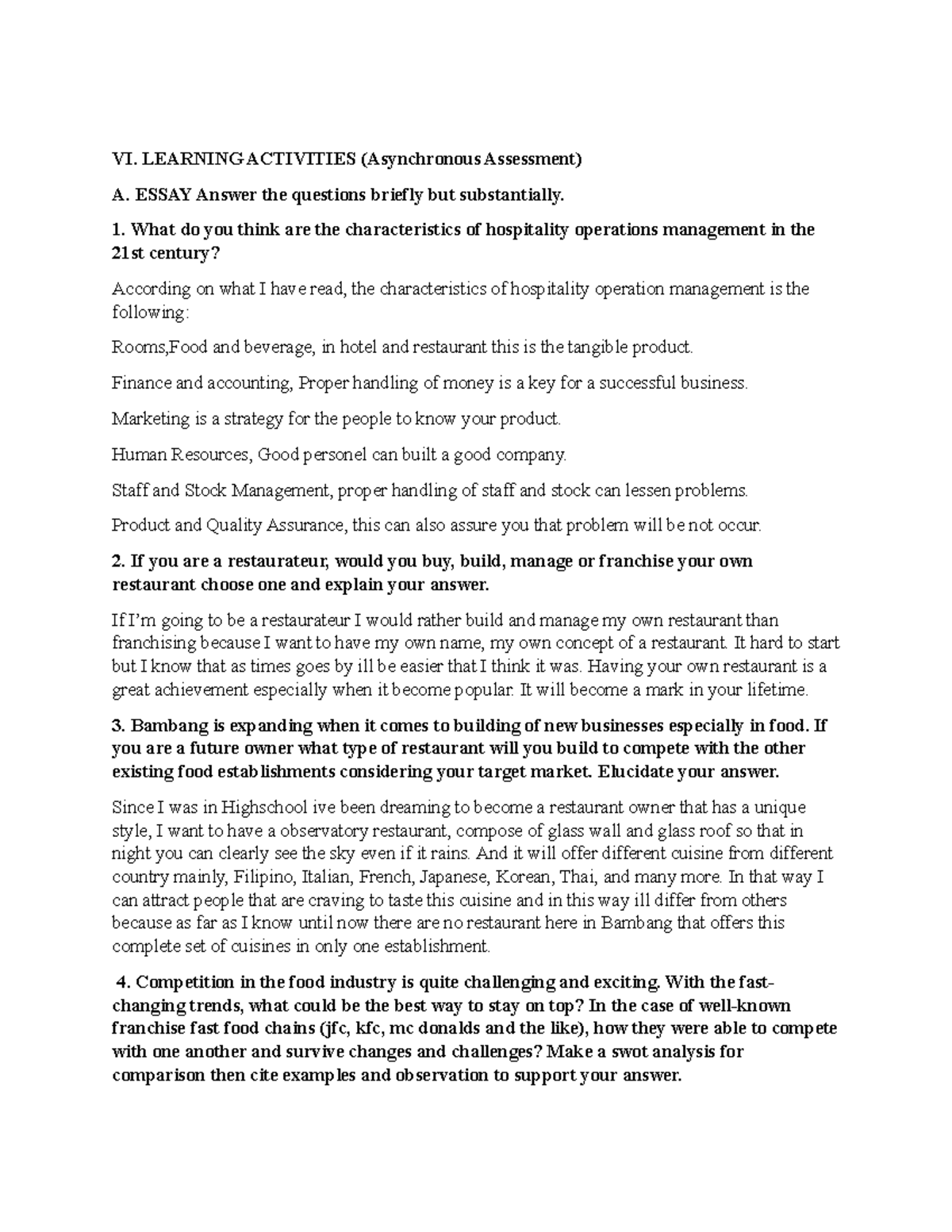 Operation Management Module Final - VI. LEARNING ACTIVITIES (Asynchronous Assessment) A. ESSAY ...