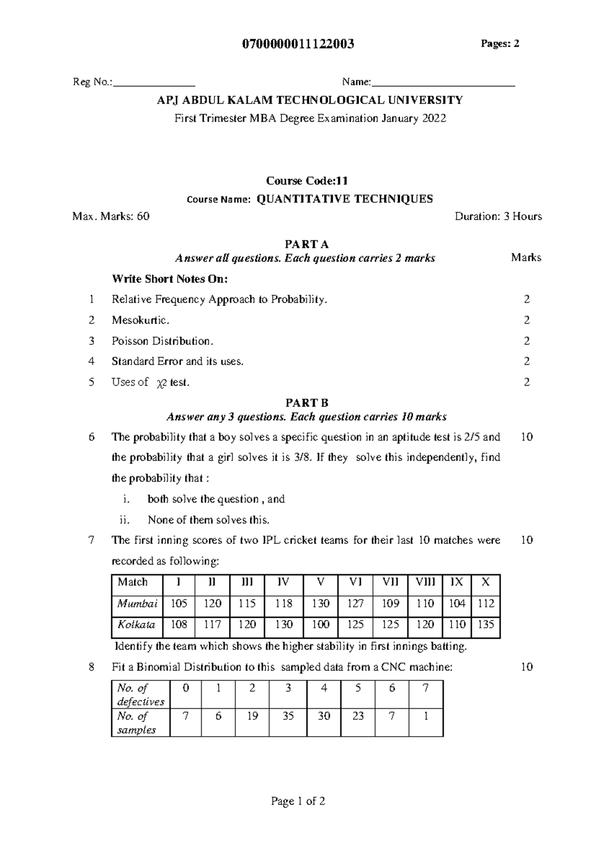 11-QP - qt question - 0700000011122003 Page 1 of 2 Course Code: Course Name: QUANTITATIVE ...