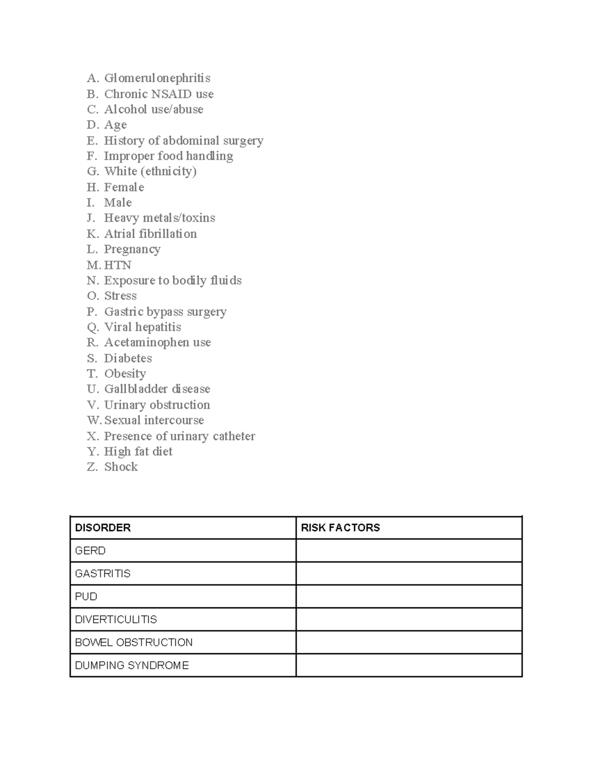 RISK Factor Matching - practice - A. Glomerulonephritis B. Chronic ...