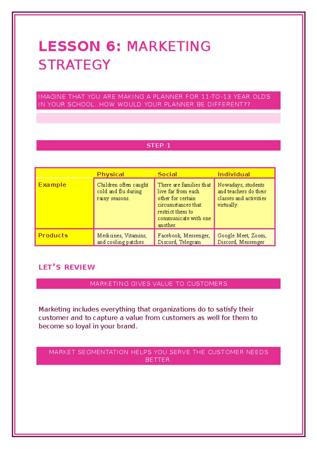 Marketing 1st week - LESSON 6: MARKETING STRATEGY IMAGINE THAT YOU ARE ...