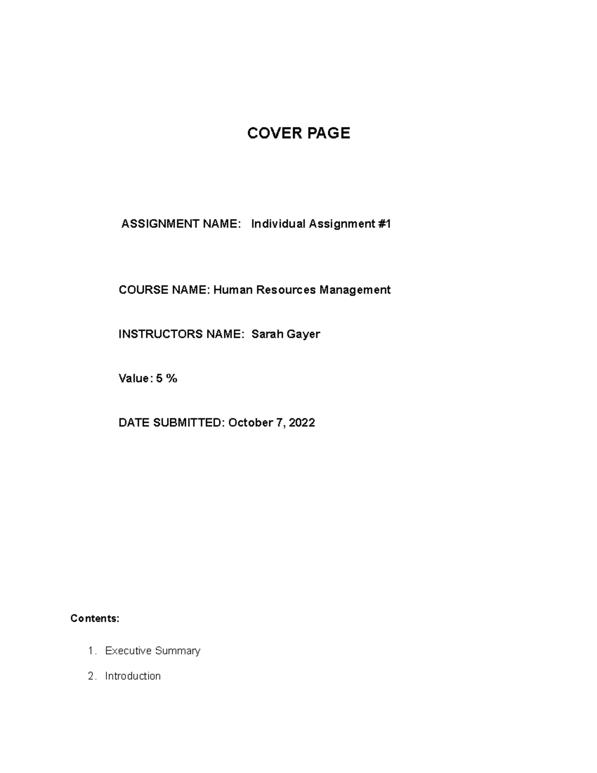 Individual Assignment^N 1 HRM - COVER PAGE ASSIGNMENT NAME: Individual ...