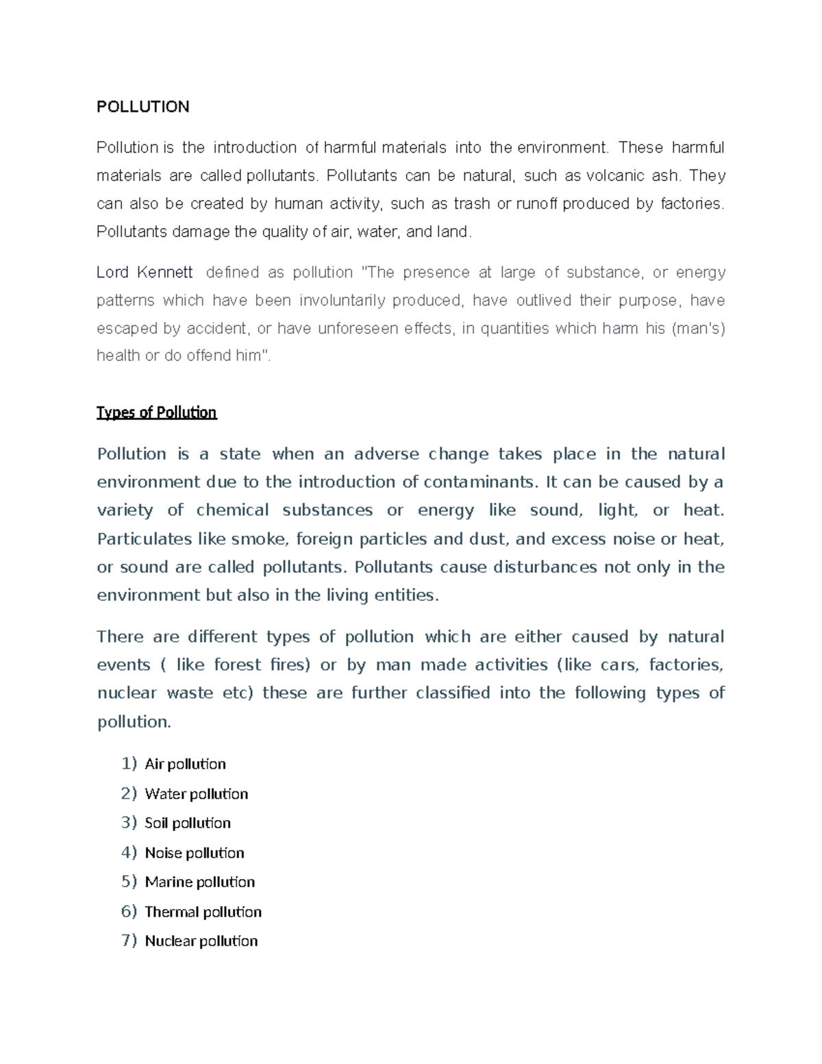 Pollution - POLLUTION Pollution is the introduction of harmful ...