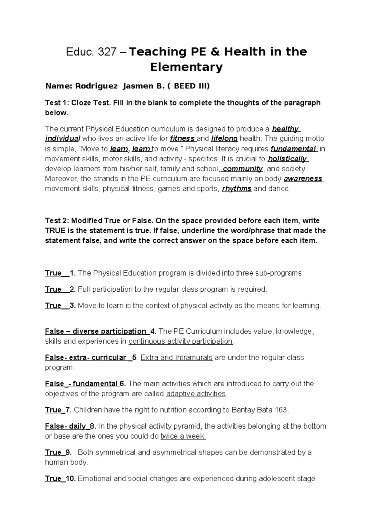 Educ327 (3) exam - Educ. 327 – Teaching PE & Health in the Elementary ...