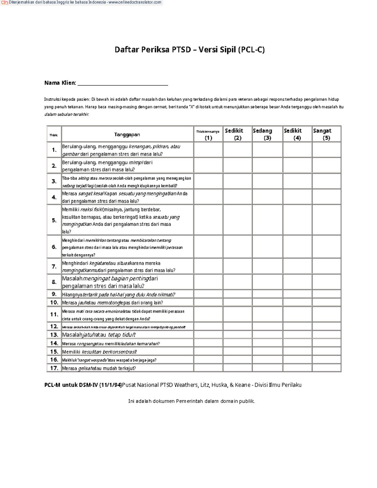 3 ptsd checklist and scoring - Daftar Periksa PTSD – Versi Sipil (PCL-C ...