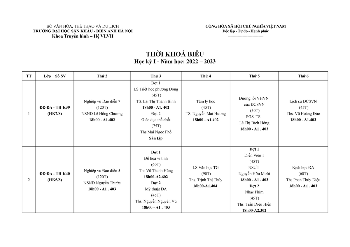 TKB HKI 22-23 VLVH - tài liệu tốt - BỘ VĂN HÓA, THỂ THAO VÀ DU LỊCH ...
