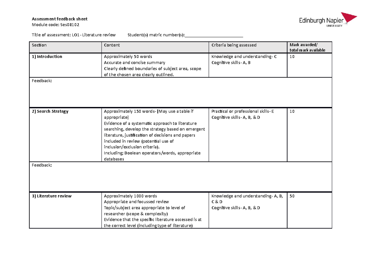 SES08102 Assessment Feedback Sheet Assessment Feedback Sheet Module