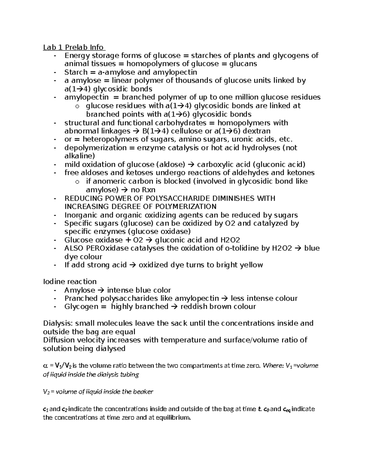 Lab 1 Prelab Info - helpful summary - Lab 1 Prelab Info - Energy storage forms of glucose ...