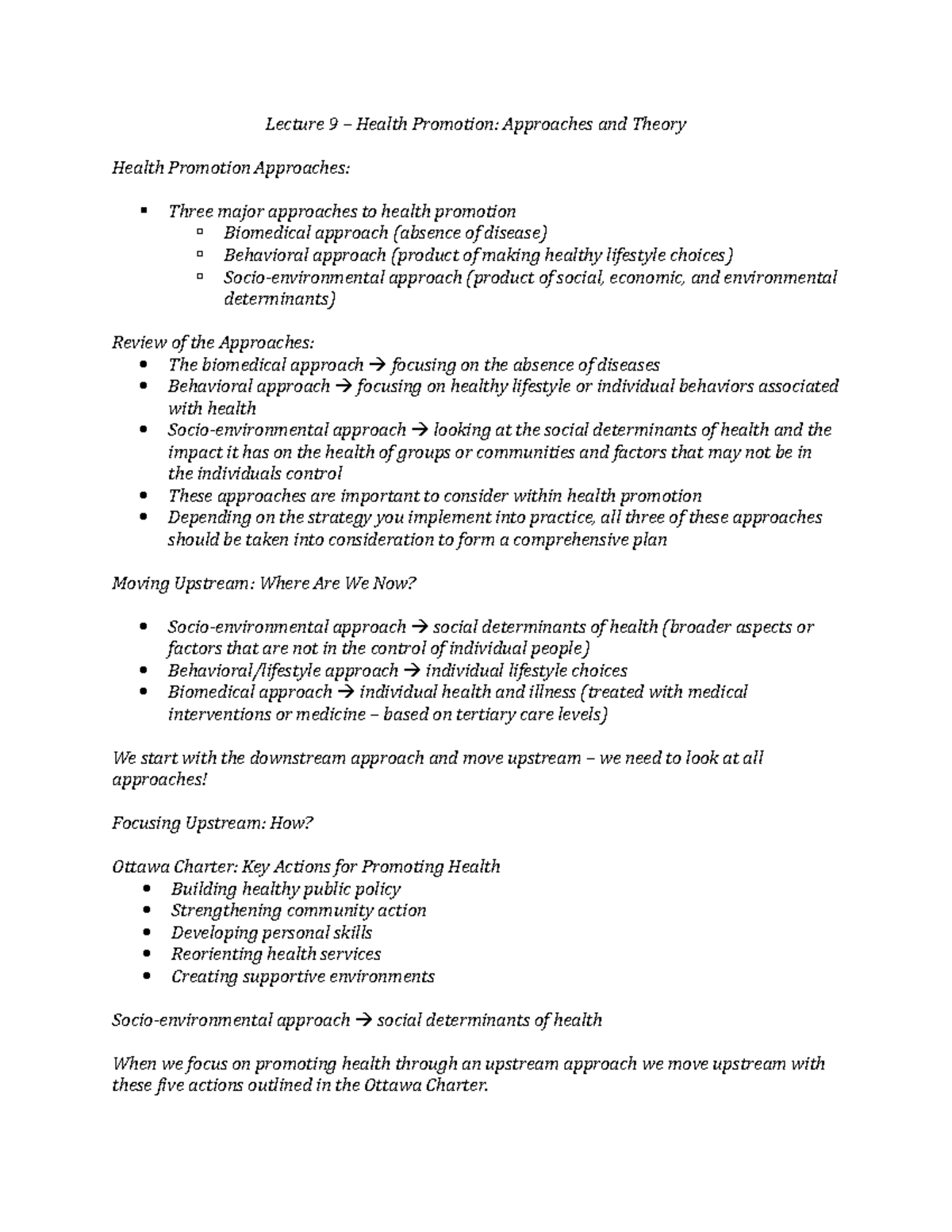 Lecture 9 - health promotion - Lecture 9 – Health Promotion: Approaches ...