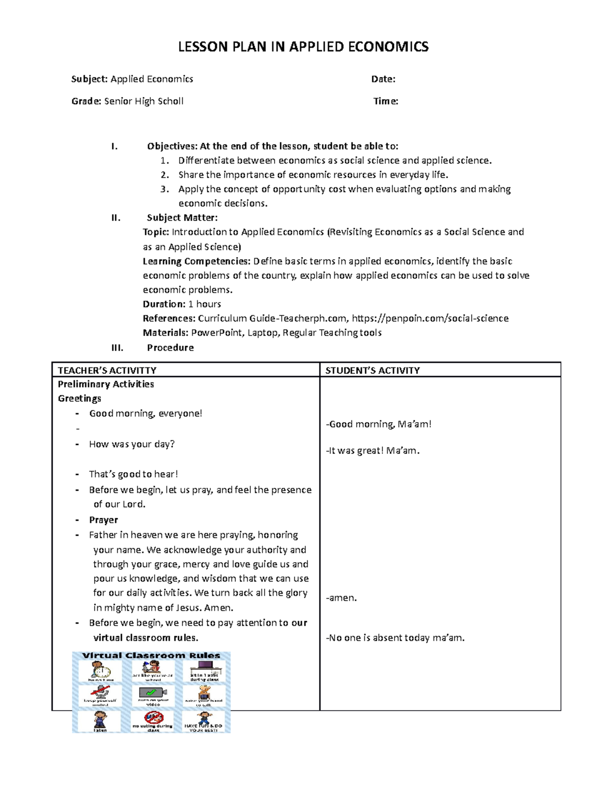 Introduction in Applied Economics Lesson Plan - Subject: Applied ...