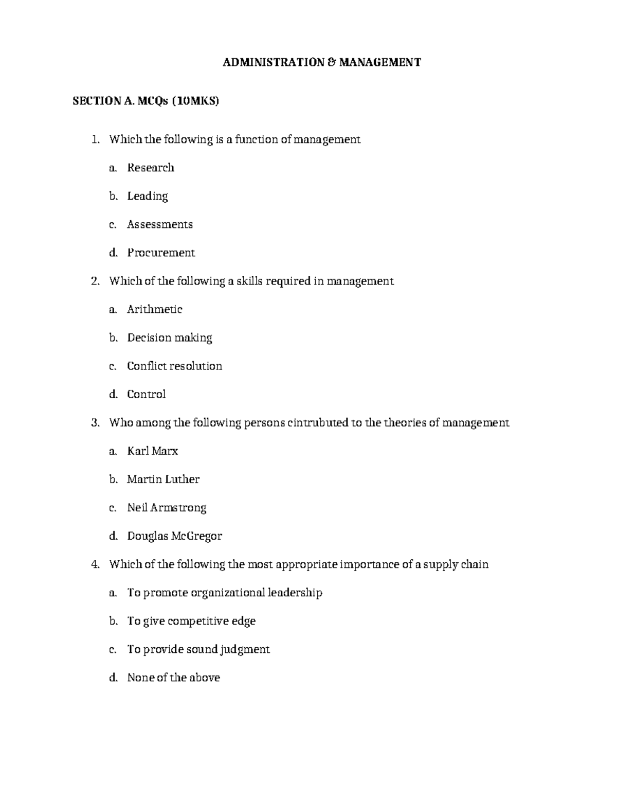 Admin & Management 2 EXAM - ADMINISTRATION & MANAGEMENT SECTION A. MCQs ...