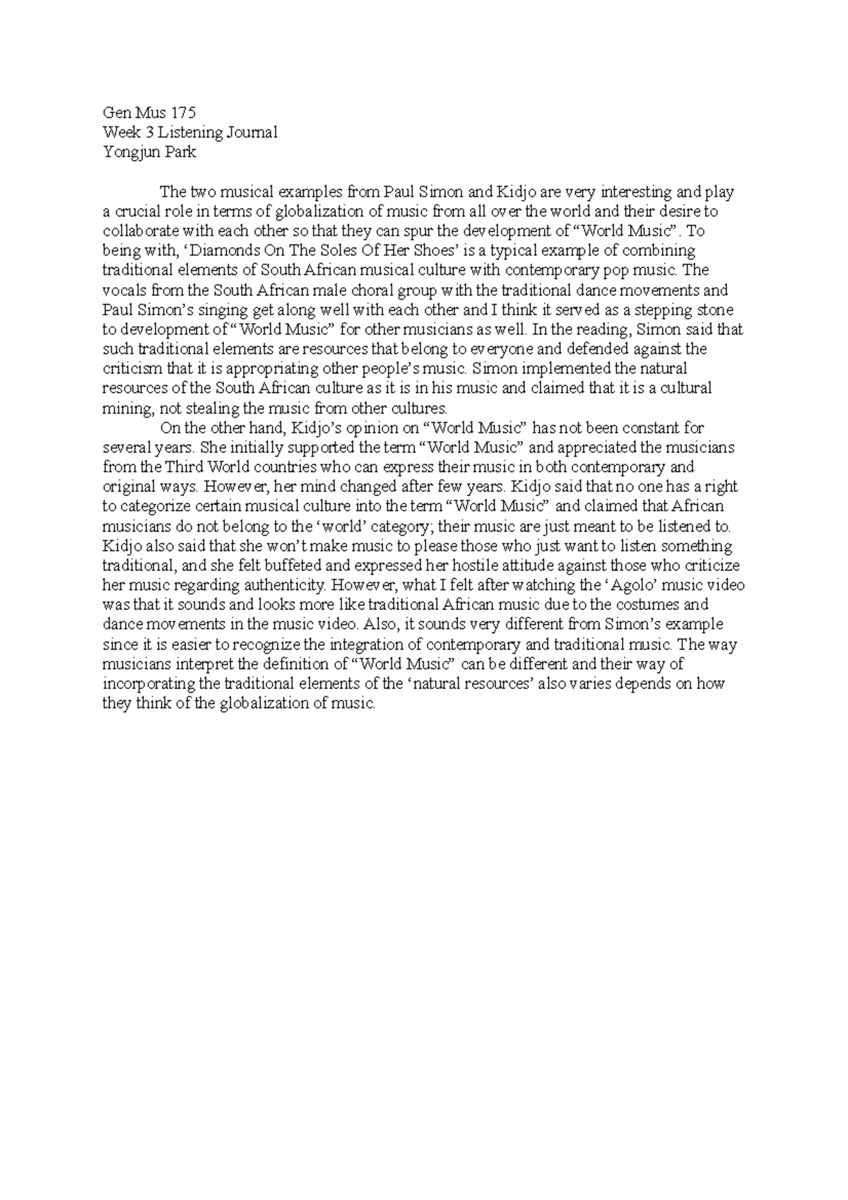 Week 3 Listening Journal - Gen Mus 175 Week 3 Listening Journal Yongjun ...