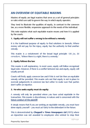 AN Overview OF Equitable Maxims - 1 | P a g e Prepared by: Sapna Kaur ...