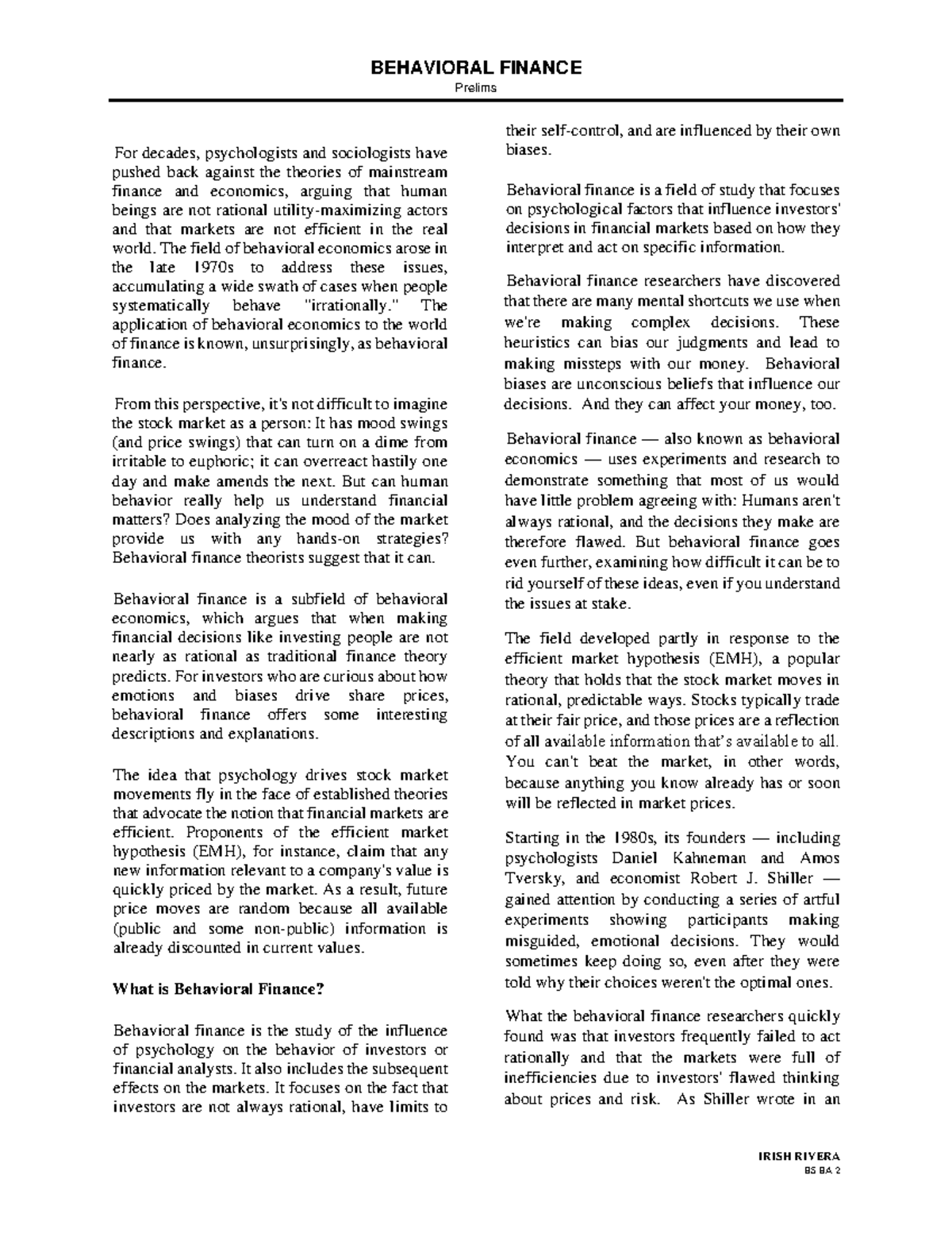 Behavioral Finance - Prelims IRISH RIVERA For decades, psychologists ...